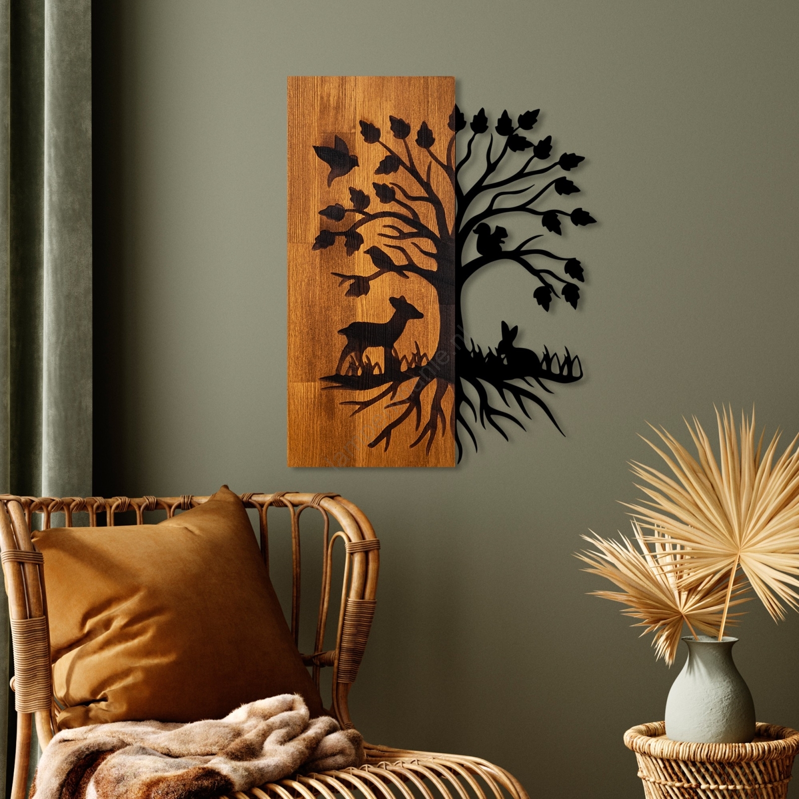 Wanddecoratie 46x58 cm boom hout/metaal | Lampenmanie